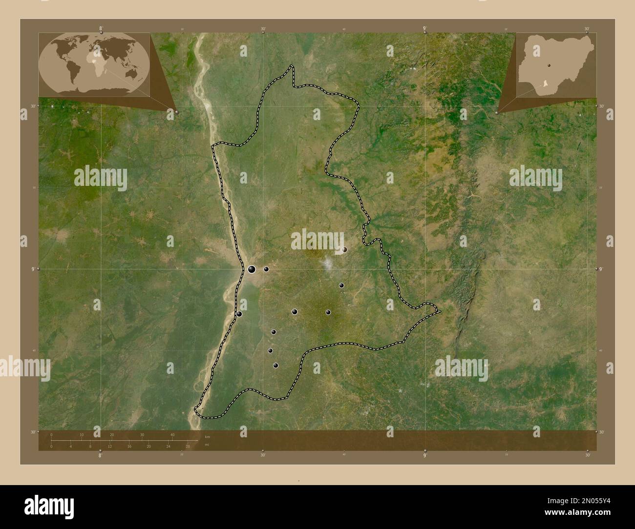 Anambra, state of Nigeria. Low resolution satellite map. Locations of ...