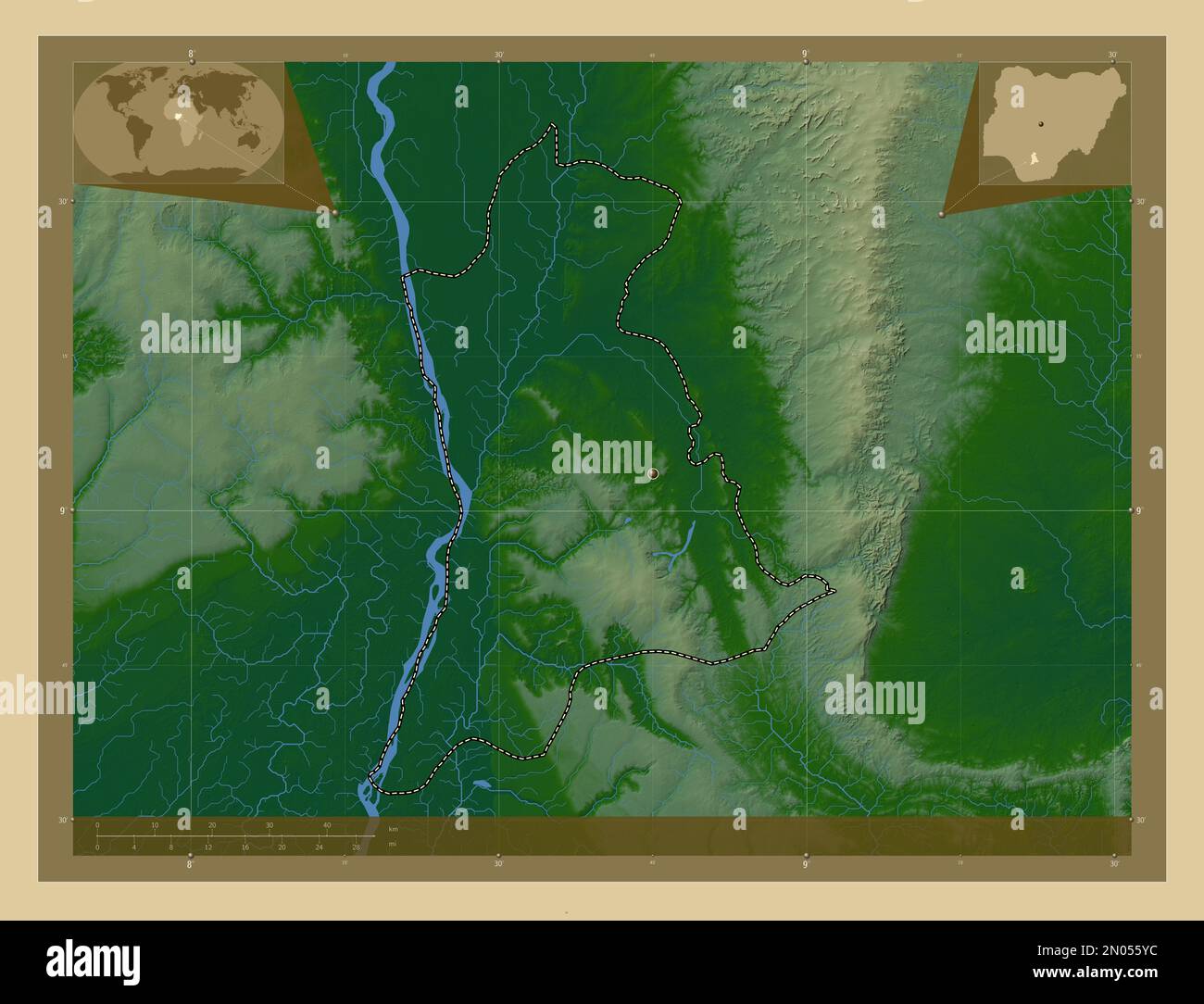 Anambra, state of Nigeria. Colored elevation map with lakes and rivers ...