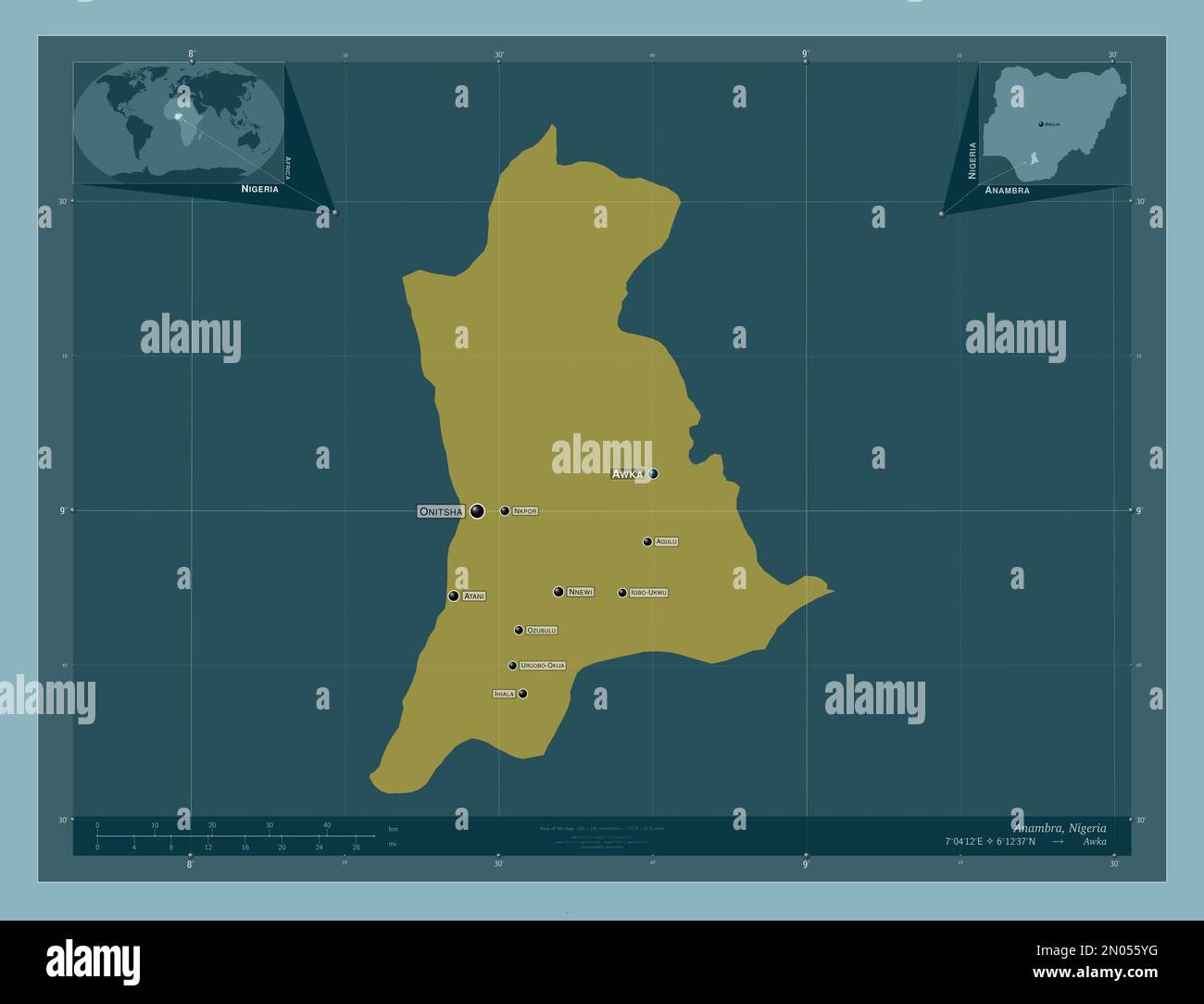 Anambra, state of Nigeria. Solid color shape. Locations and names of ...