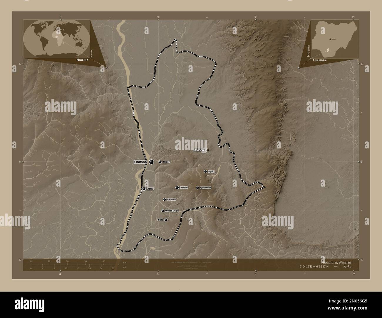 Anambra, state of Nigeria. Elevation map colored in sepia tones with ...