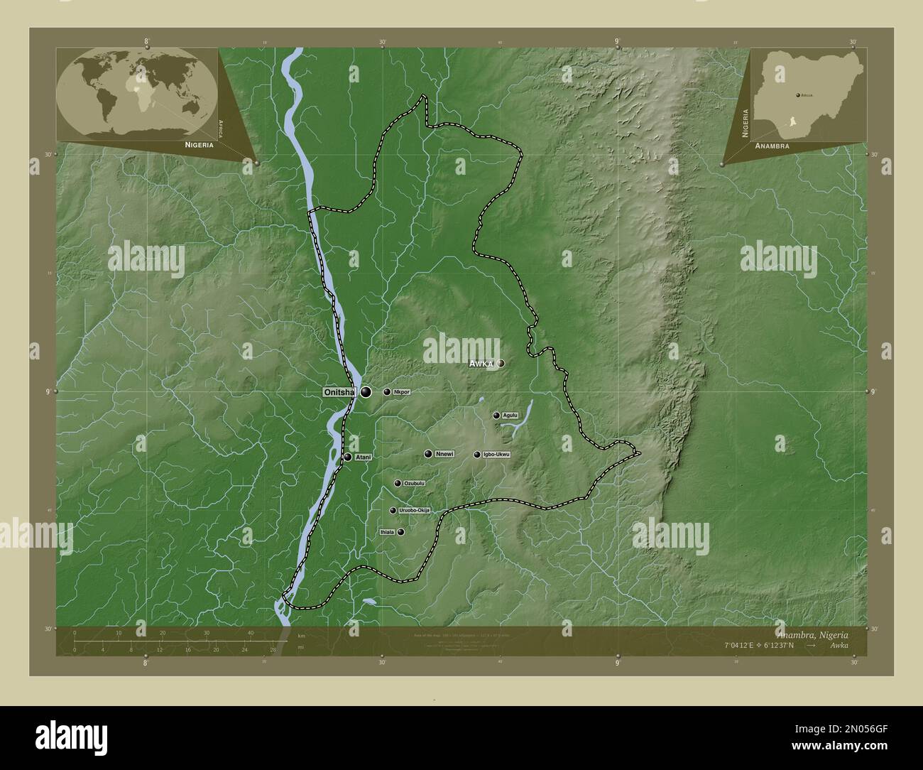 Anambra, state of Nigeria. Elevation map colored in wiki style with ...