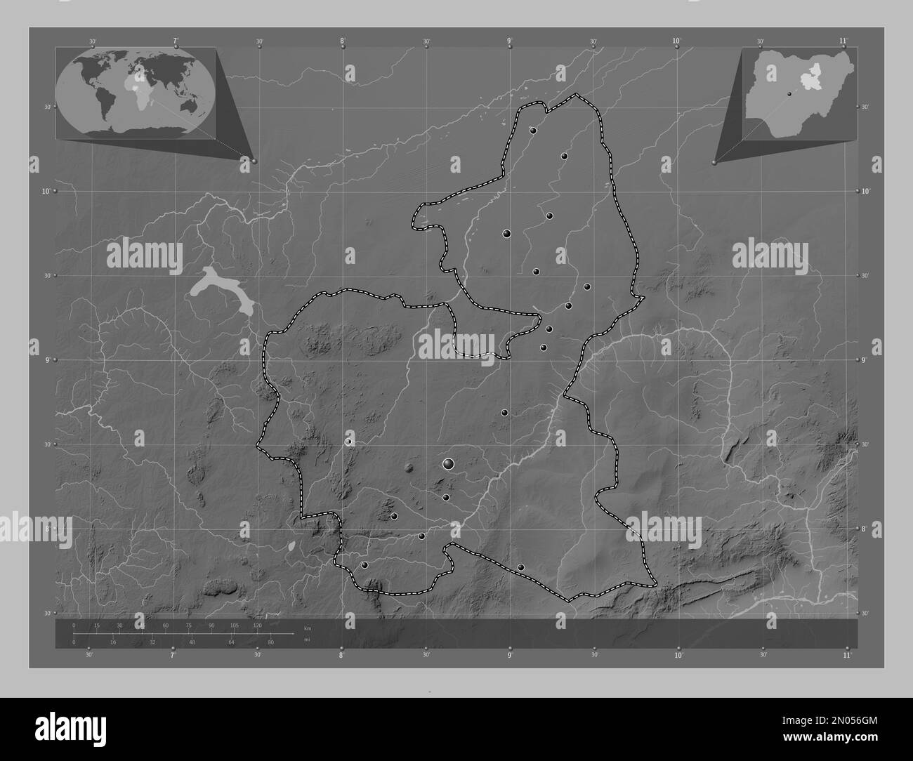 Bauchi, state of Nigeria. Grayscale elevation map with lakes and rivers ...