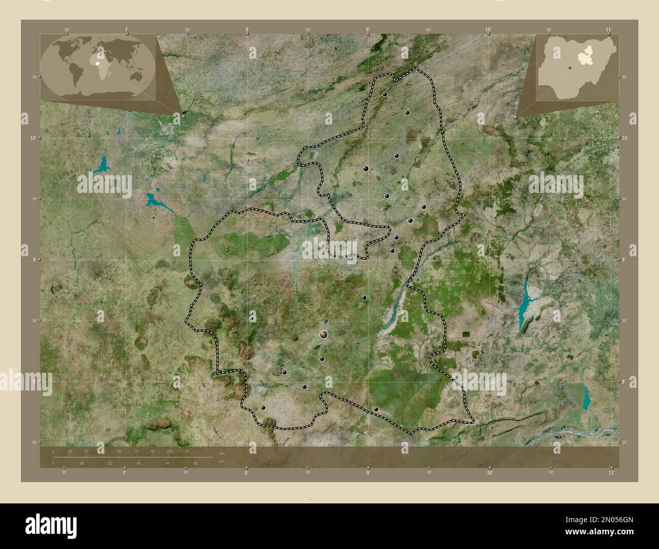 Bauchi, state of Nigeria. High resolution satellite map. Locations of ...