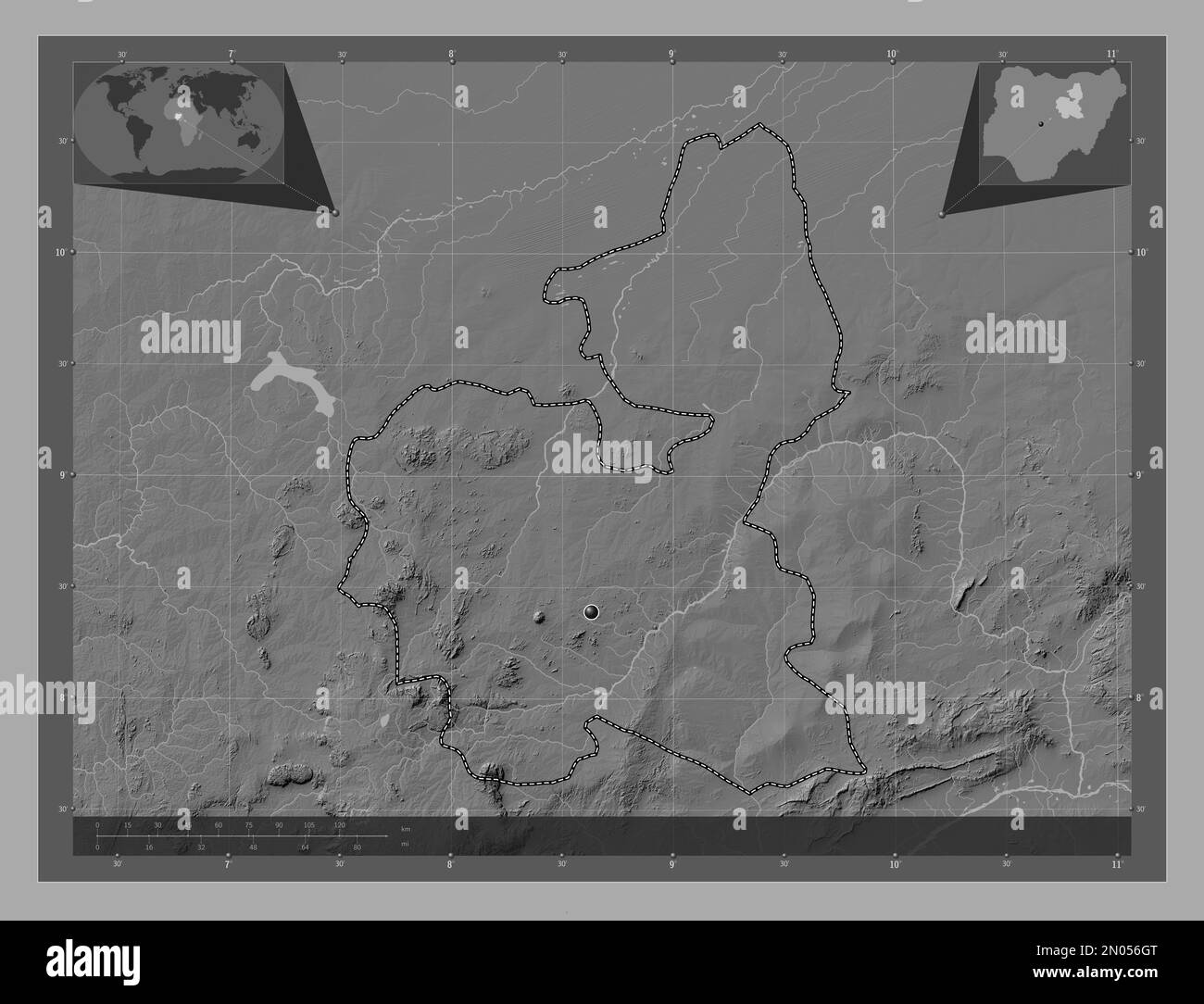 Bauchi, state of Nigeria. Bilevel elevation map with lakes and rivers ...