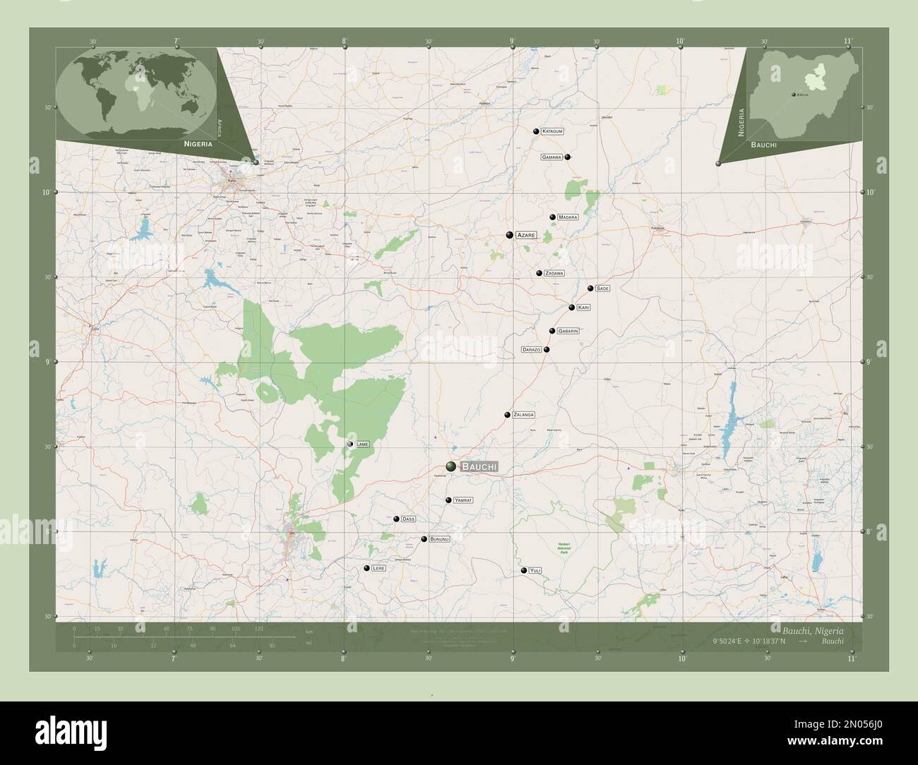 Bauchi, state of Nigeria. Open Street Map. Locations and names of major ...