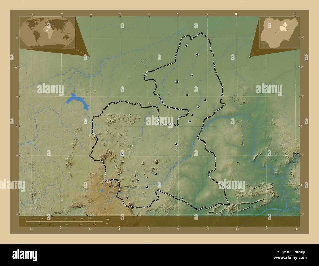 Bauchi, state of Nigeria. Colored elevation map with lakes and rivers ...