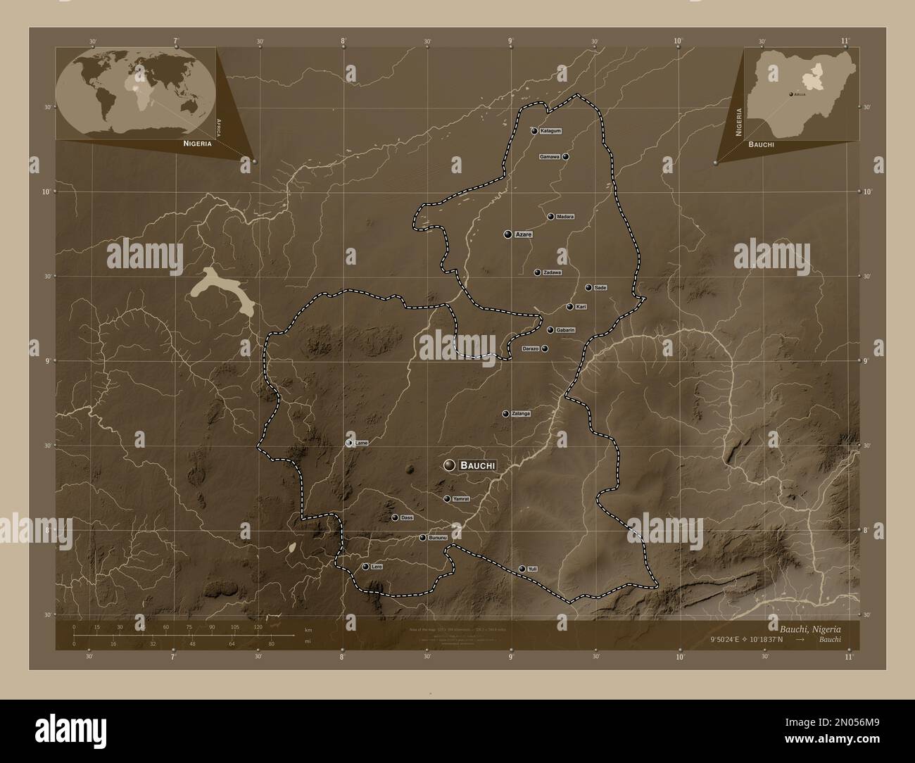 Bauchi, state of Nigeria. Elevation map colored in sepia tones with ...