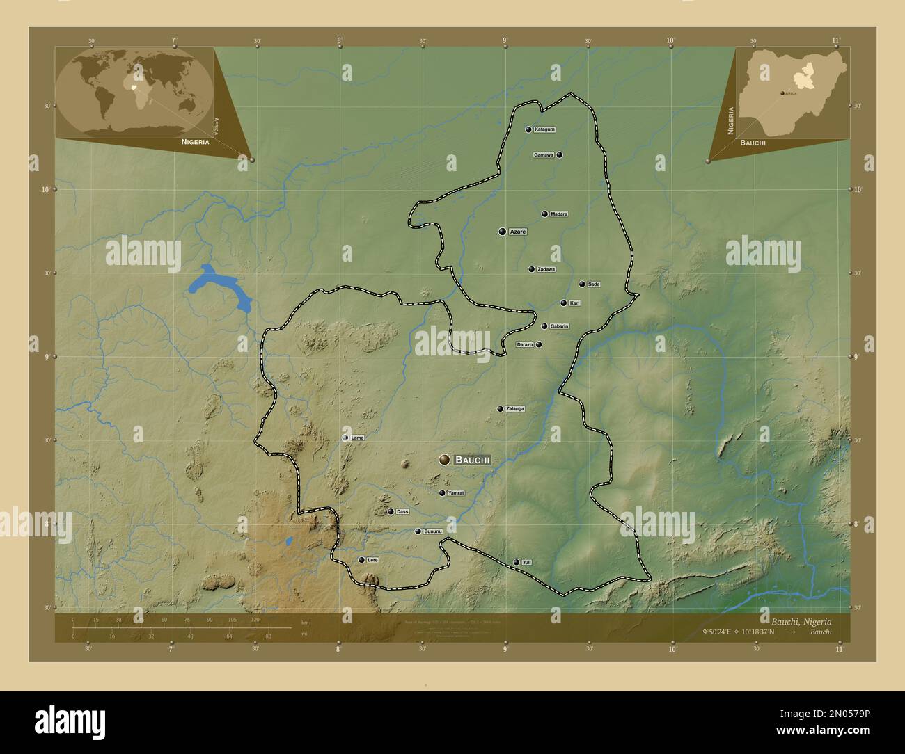 Bauchi, state of Nigeria. Colored elevation map with lakes and rivers ...