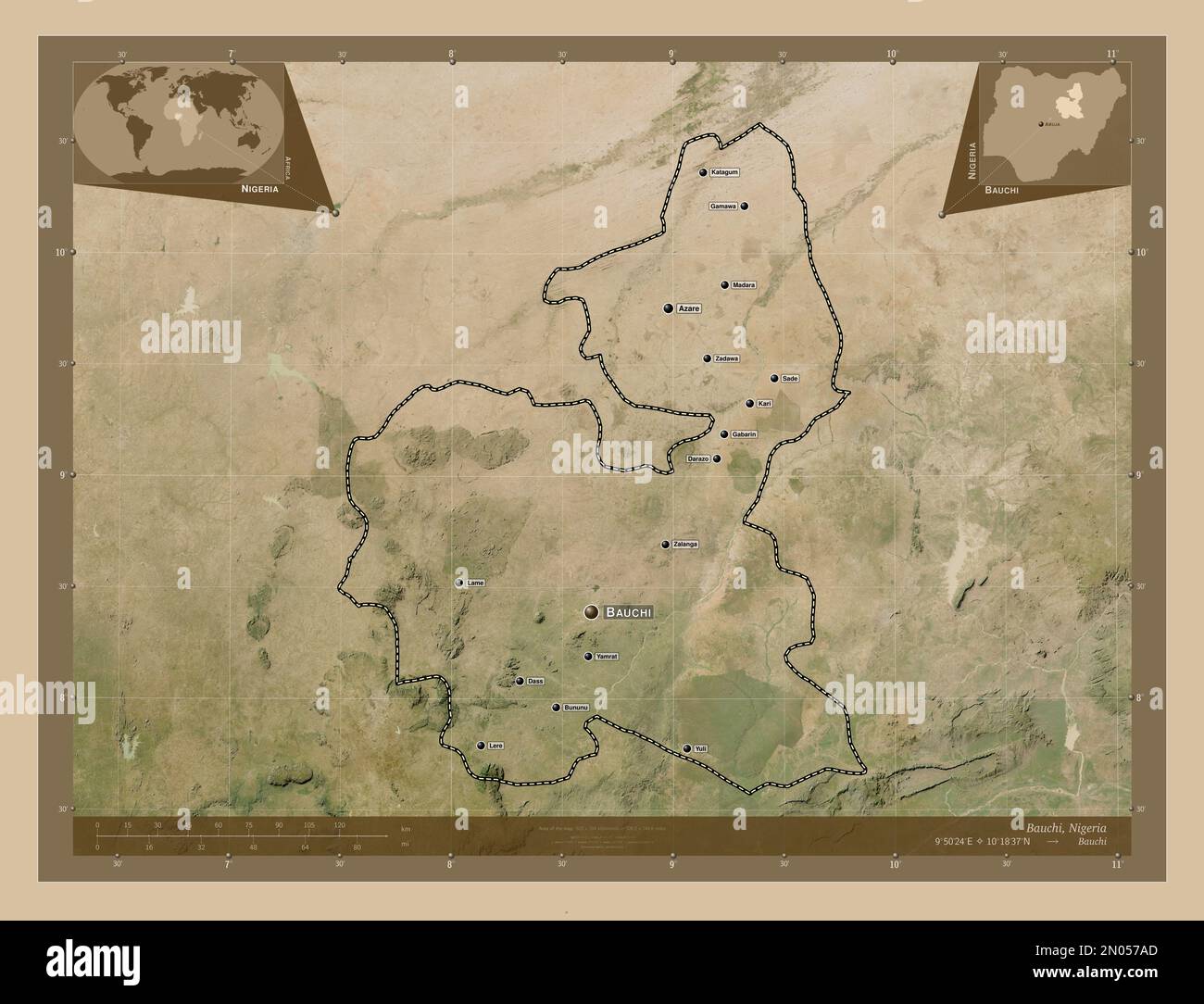 Bauchi, state of Nigeria. Low resolution satellite map. Locations and ...