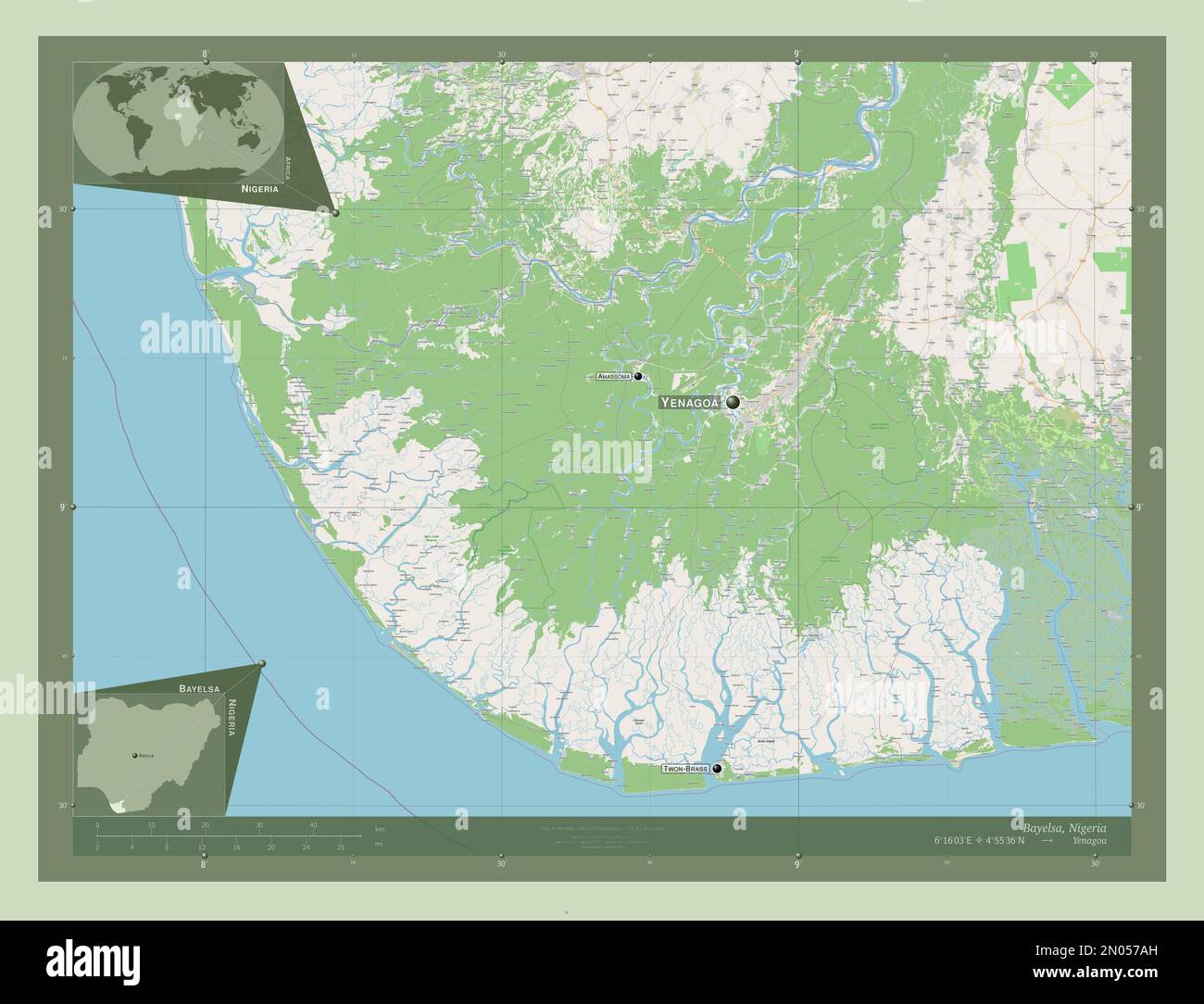 Bayelsa, state of Nigeria. Open Street Map. Locations and names of ...