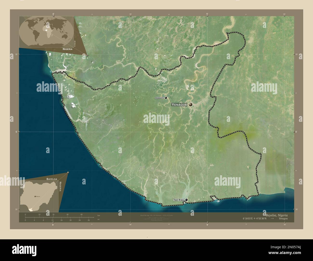 Bayelsa, state of Nigeria. High resolution satellite map. Locations and ...