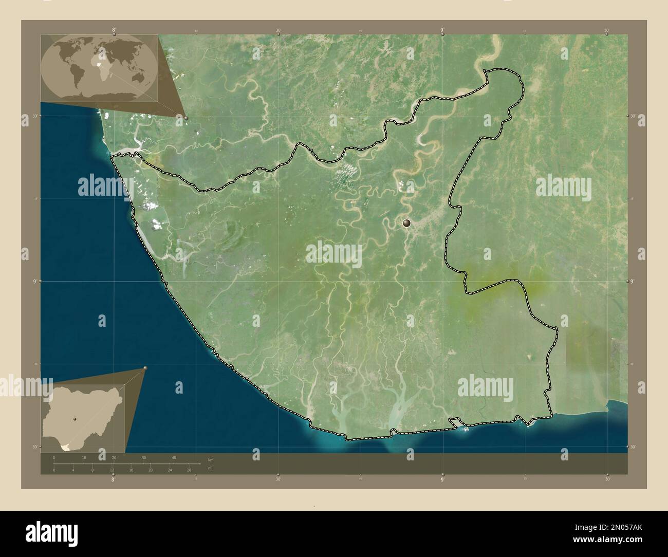 Bayelsa, state of Nigeria. High resolution satellite map. Corner ...