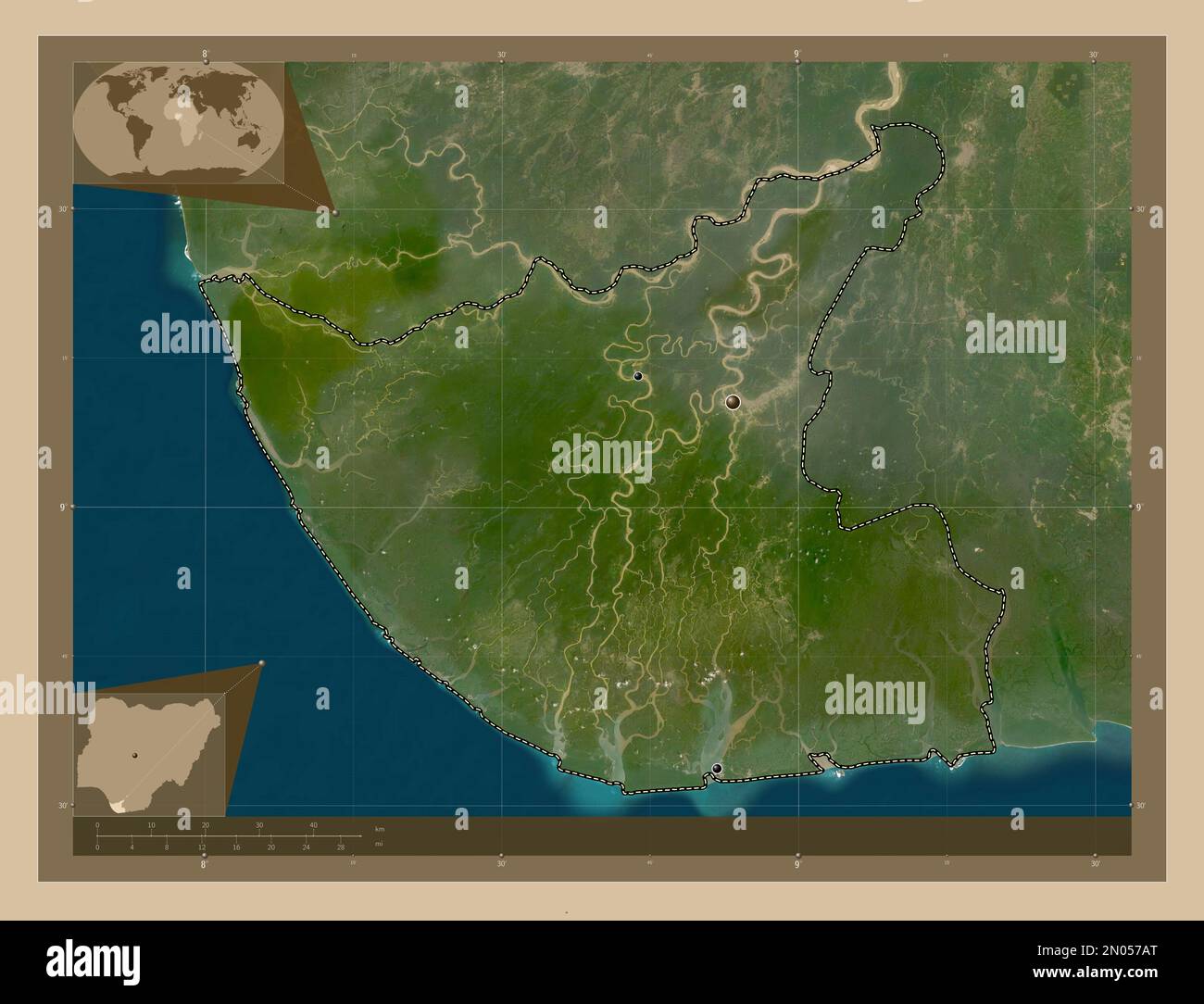 Bayelsa, state of Nigeria. Low resolution satellite map. Locations of ...