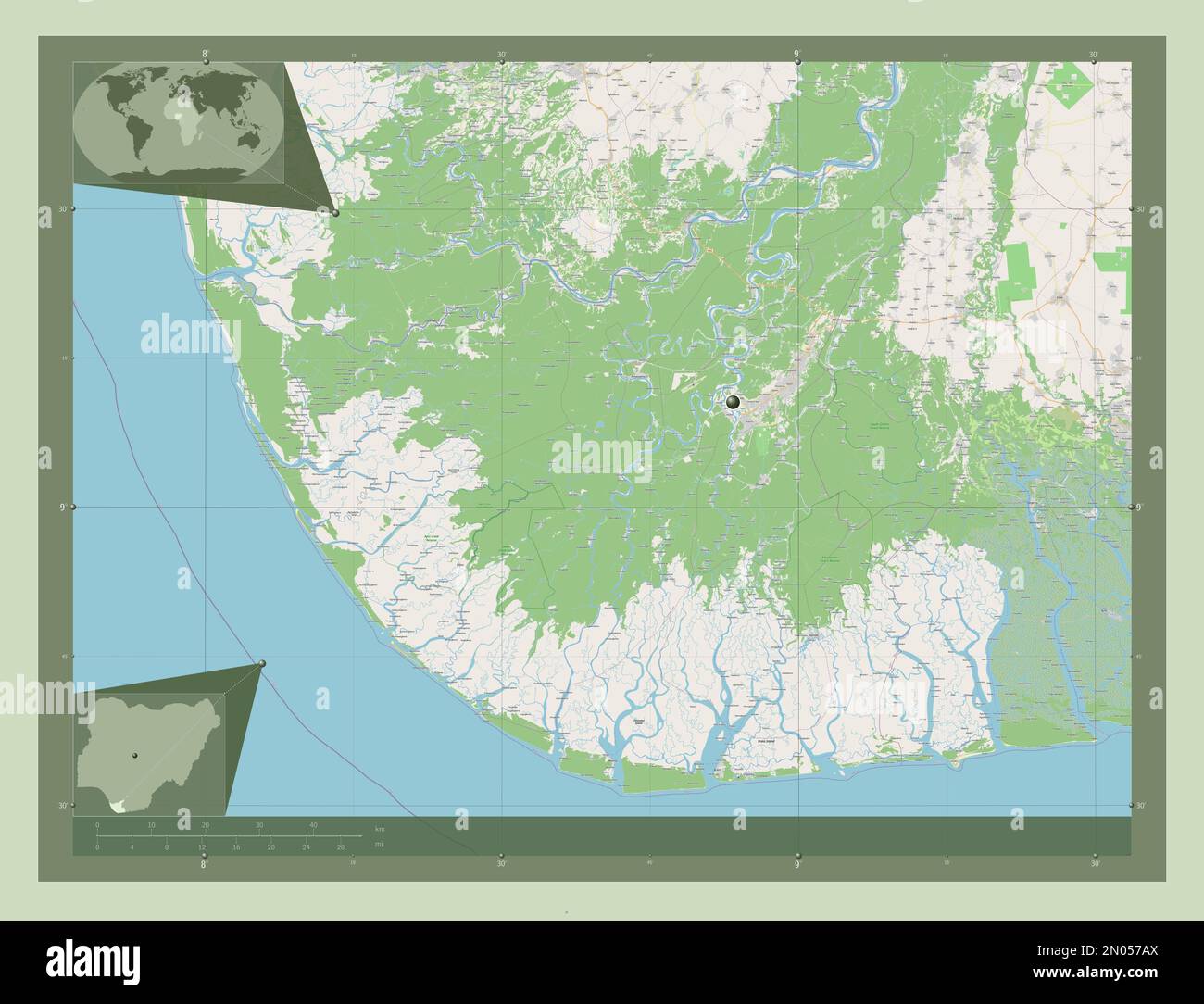 Bayelsa, state of Nigeria. Open Street Map. Corner auxiliary location ...
