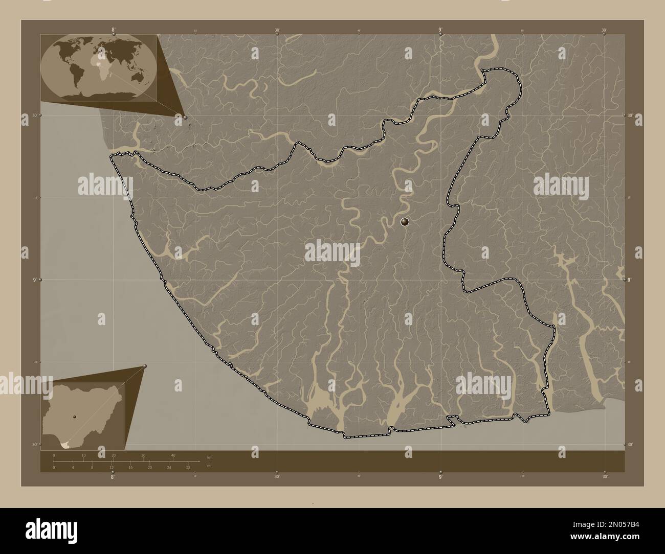 Bayelsa, state of Nigeria. Elevation map colored in sepia tones with ...