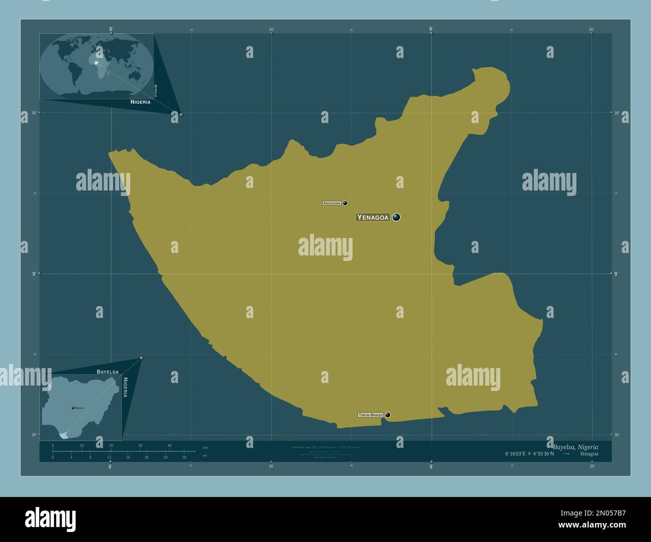 Bayelsa, state of Nigeria. Solid color shape. Locations and names of ...