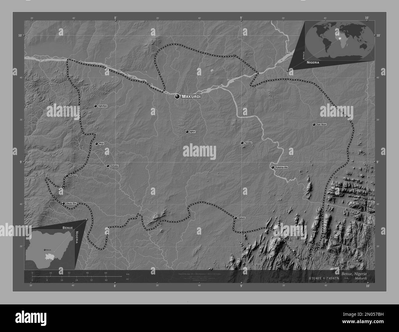 Benue, state of Nigeria. Bilevel elevation map with lakes and rivers ...