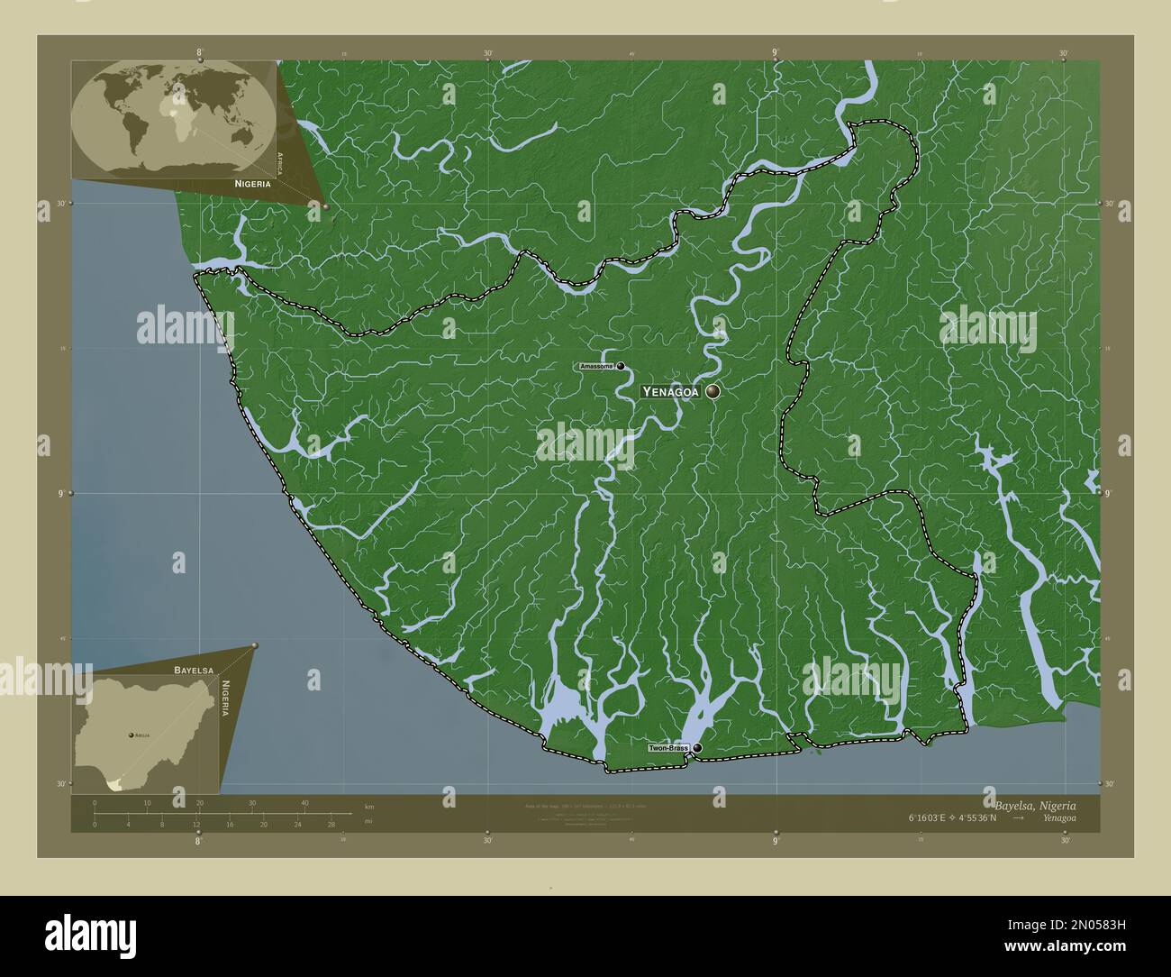 Bayelsa, state of Nigeria. Elevation map colored in wiki style with ...