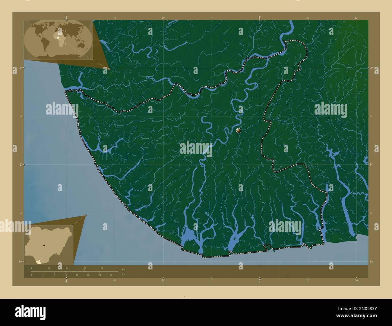 Bayelsa, state of Nigeria. Colored elevation map with lakes and rivers ...