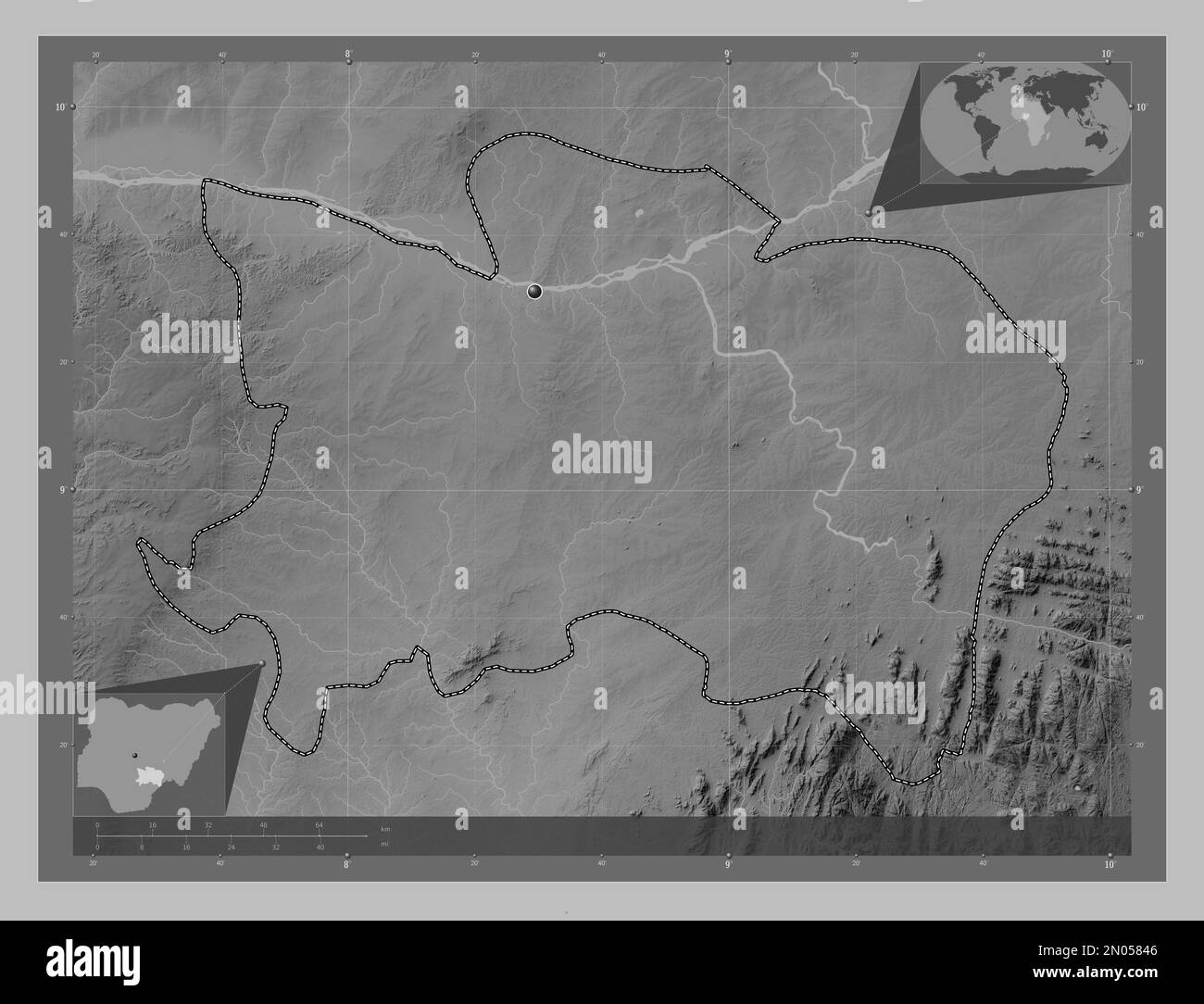 Benue, state of Nigeria. Grayscale elevation map with lakes and rivers ...