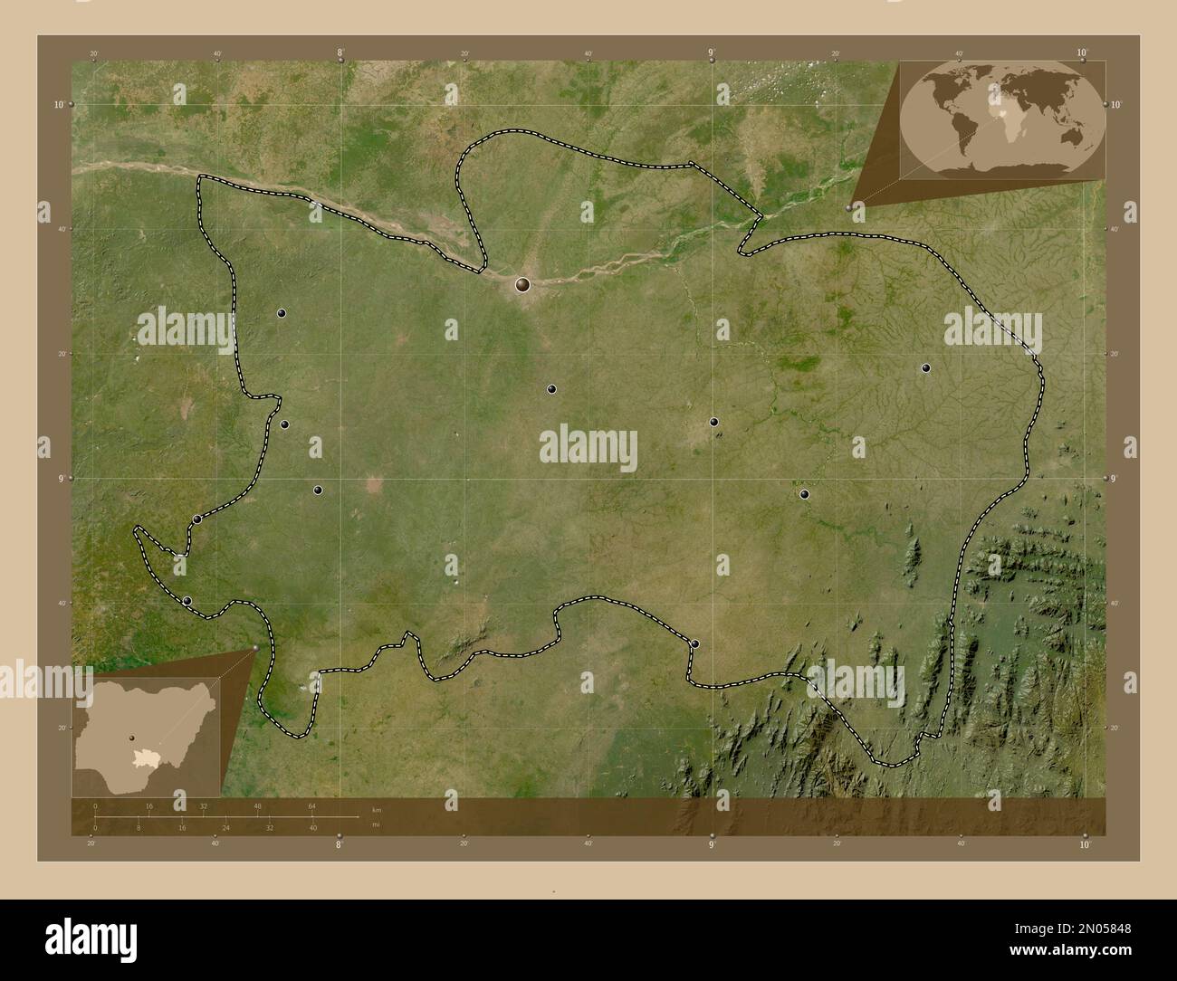 Benue, state of Nigeria. Low resolution satellite map. Locations of ...