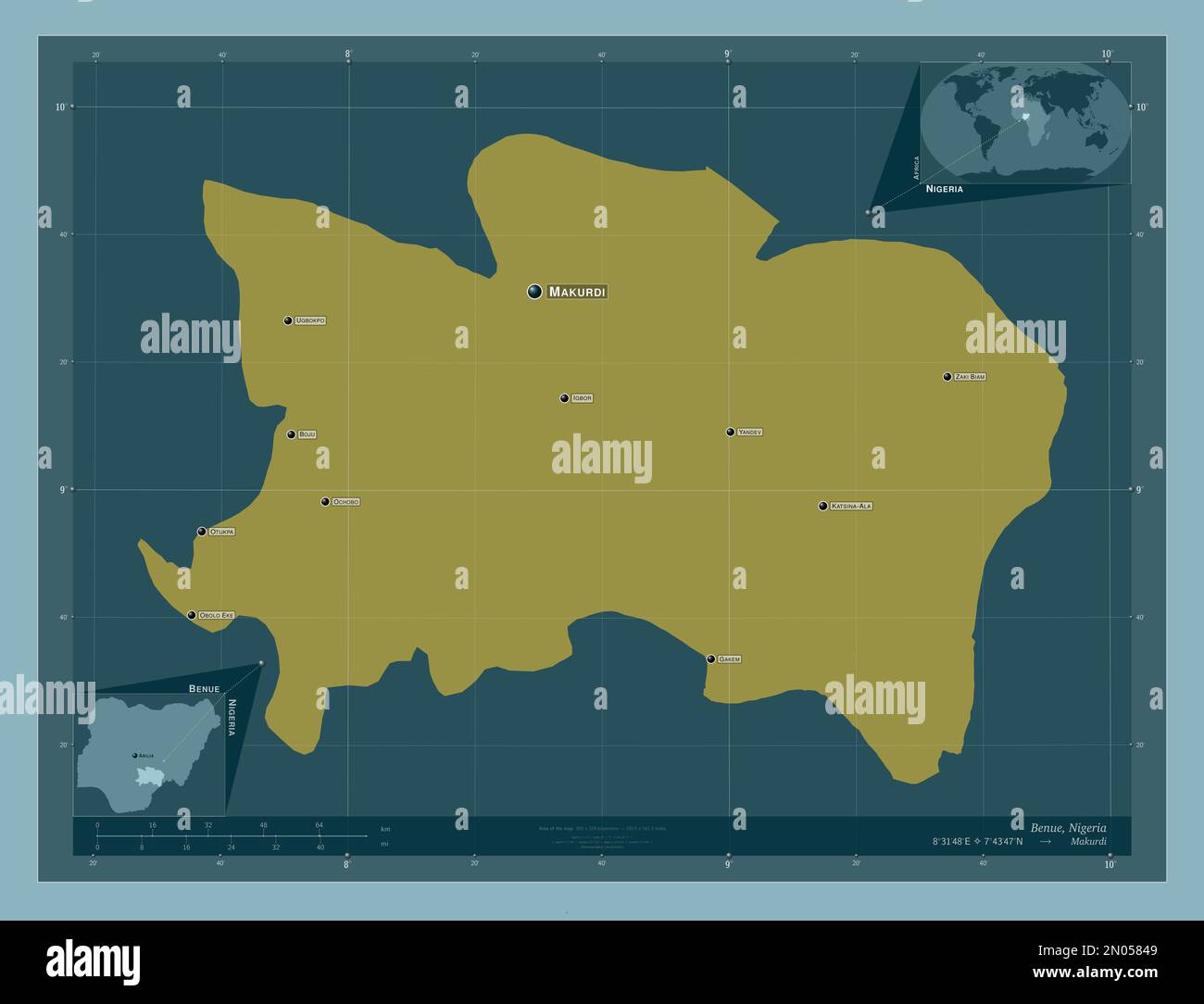 Benue, state of Nigeria. Solid color shape. Locations and names of ...