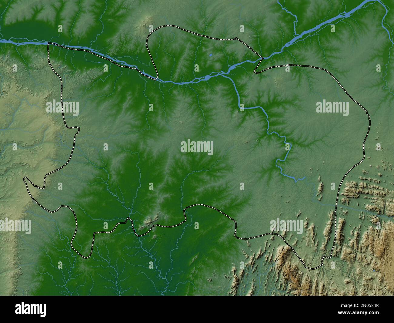 Benue, state of Nigeria. Colored elevation map with lakes and rivers ...