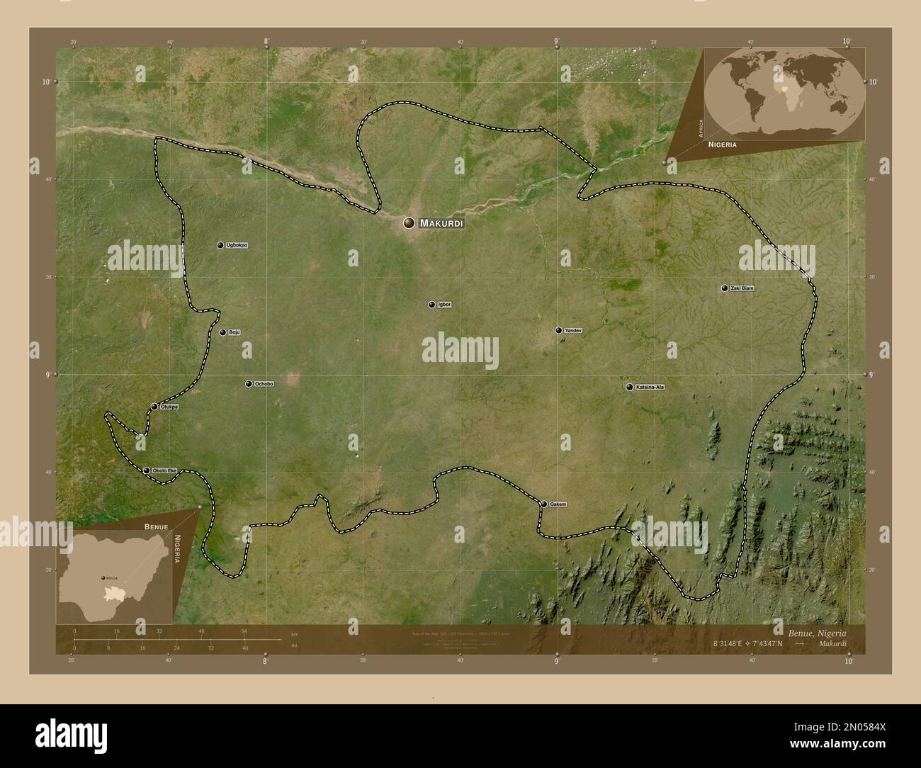 Benue, state of Nigeria. Low resolution satellite map. Locations and ...