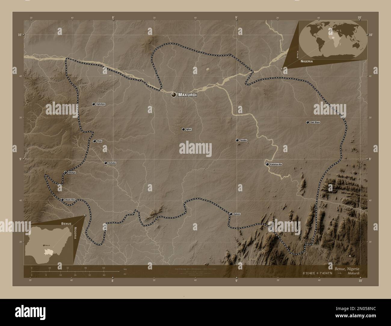 Benue, state of Nigeria. Elevation map colored in sepia tones with ...