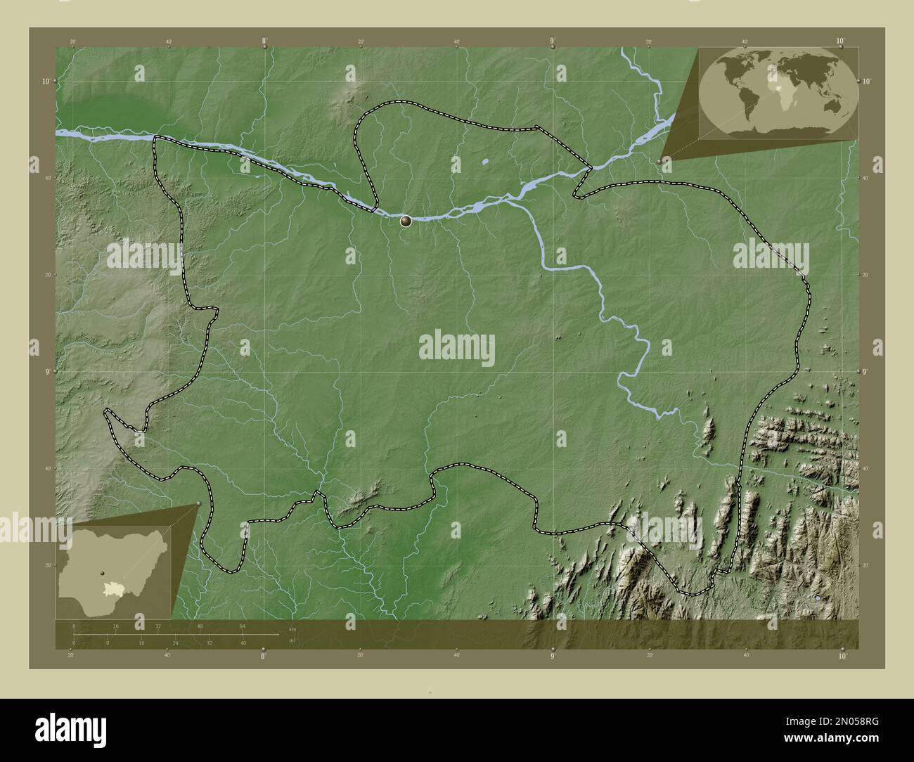 Benue, state of Nigeria. Elevation map colored in wiki style with lakes ...