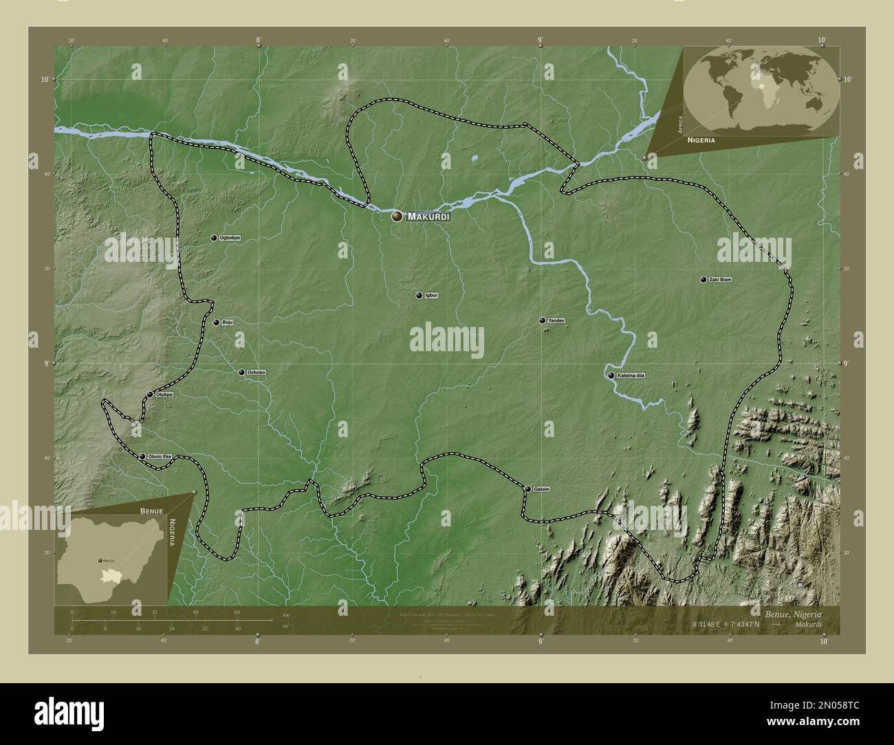 Benue, state of Nigeria. Elevation map colored in wiki style with lakes ...