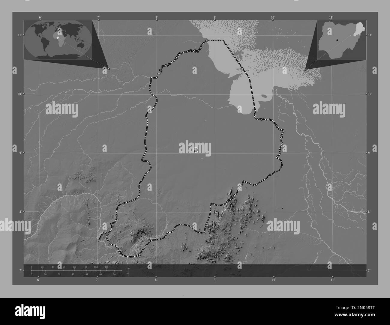 Borno, state of Nigeria. Bilevel elevation map with lakes and rivers ...