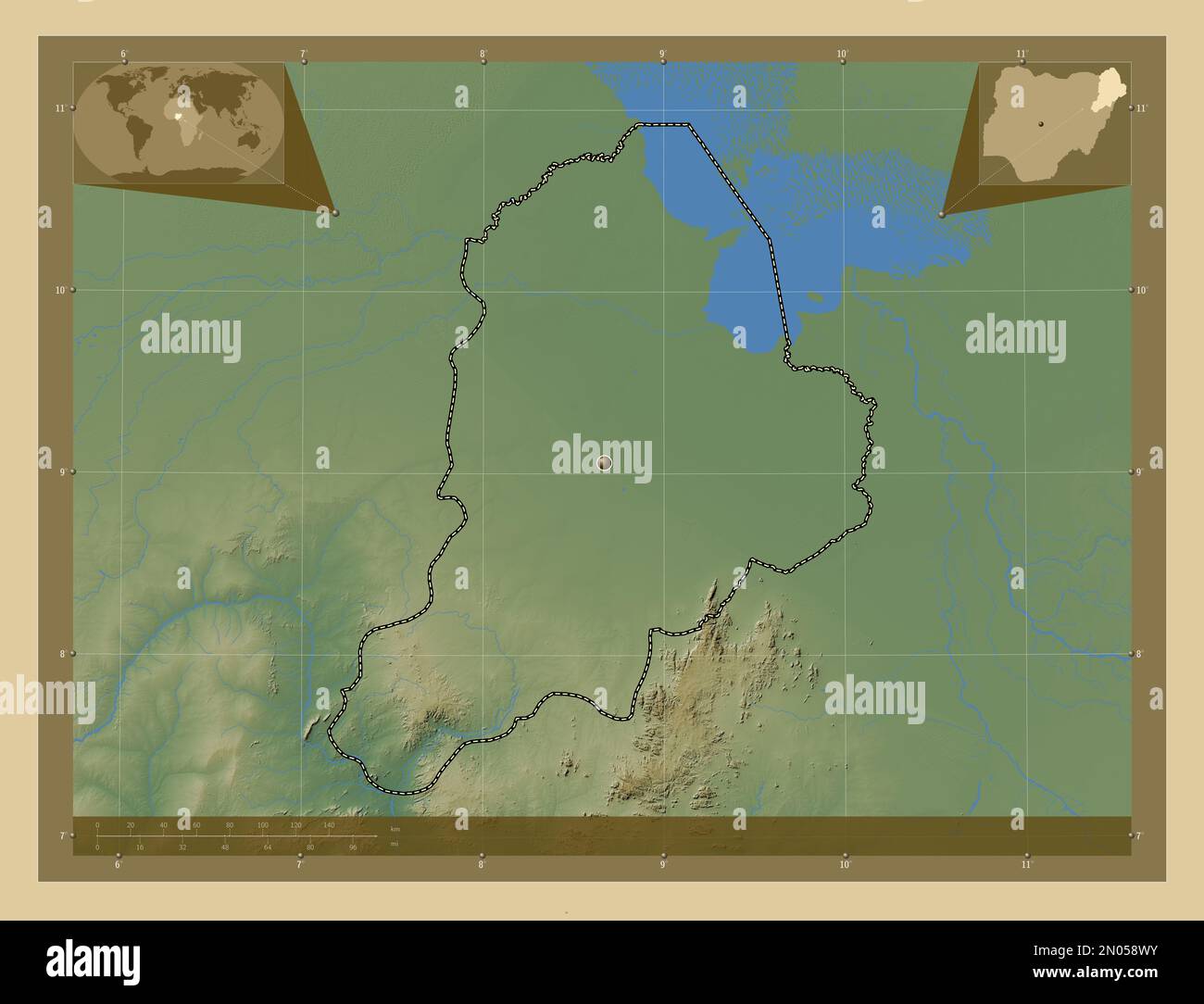 Borno, state of Nigeria. Colored elevation map with lakes and rivers ...