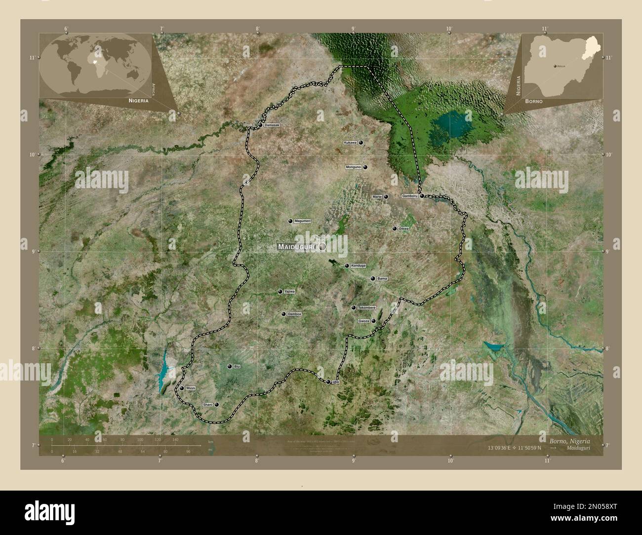 Borno, state of Nigeria. High resolution satellite map. Locations and ...
