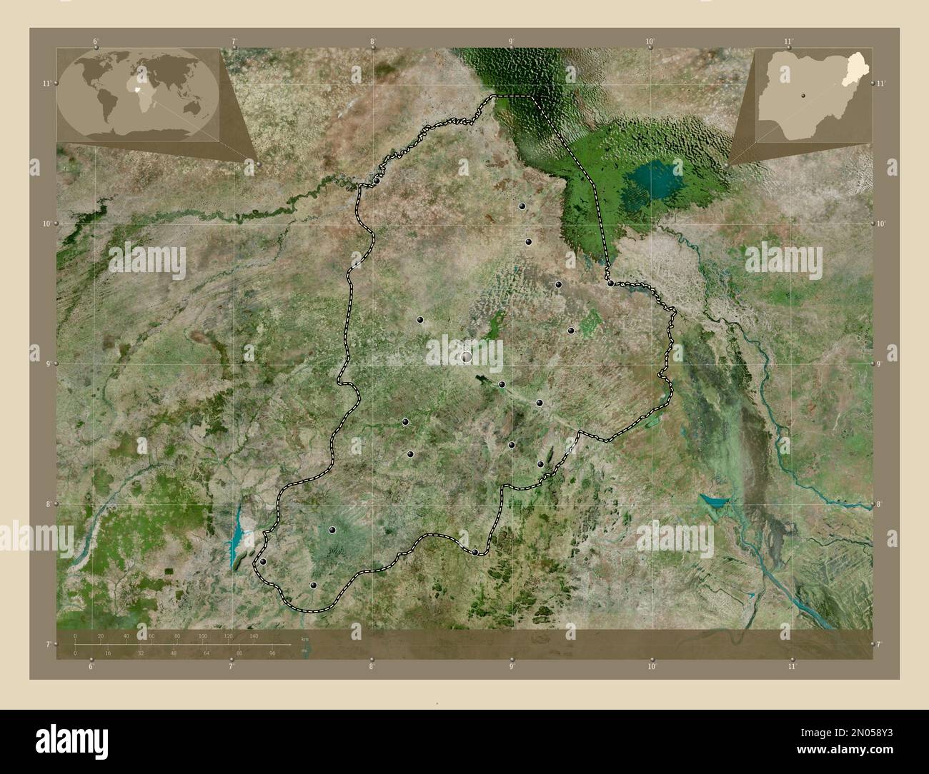 Borno, state of Nigeria. High resolution satellite map. Locations of ...