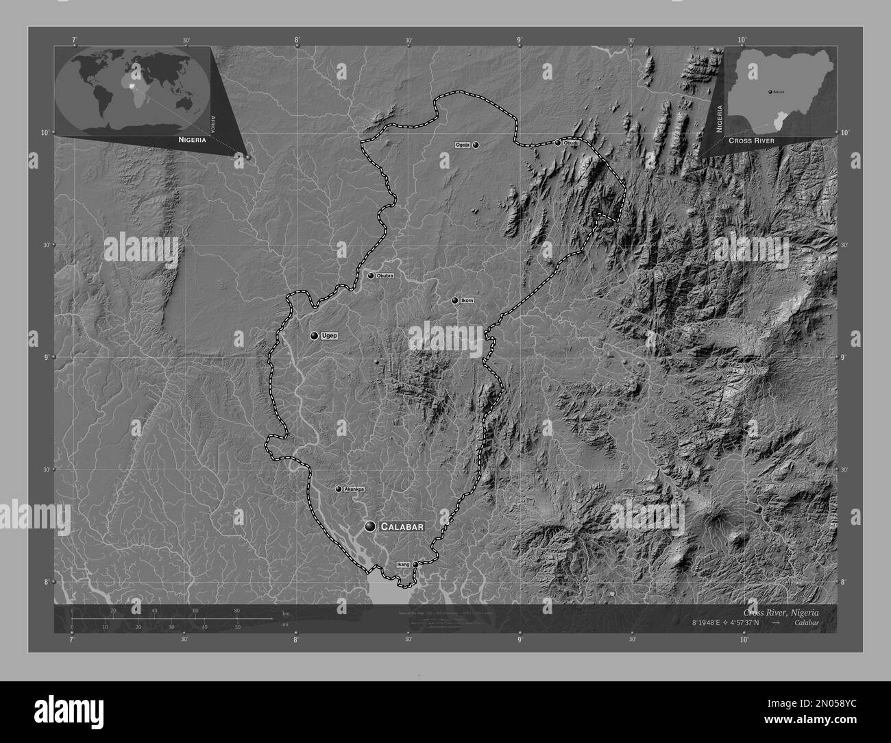 Cross River, state of Nigeria. Bilevel elevation map with lakes and ...