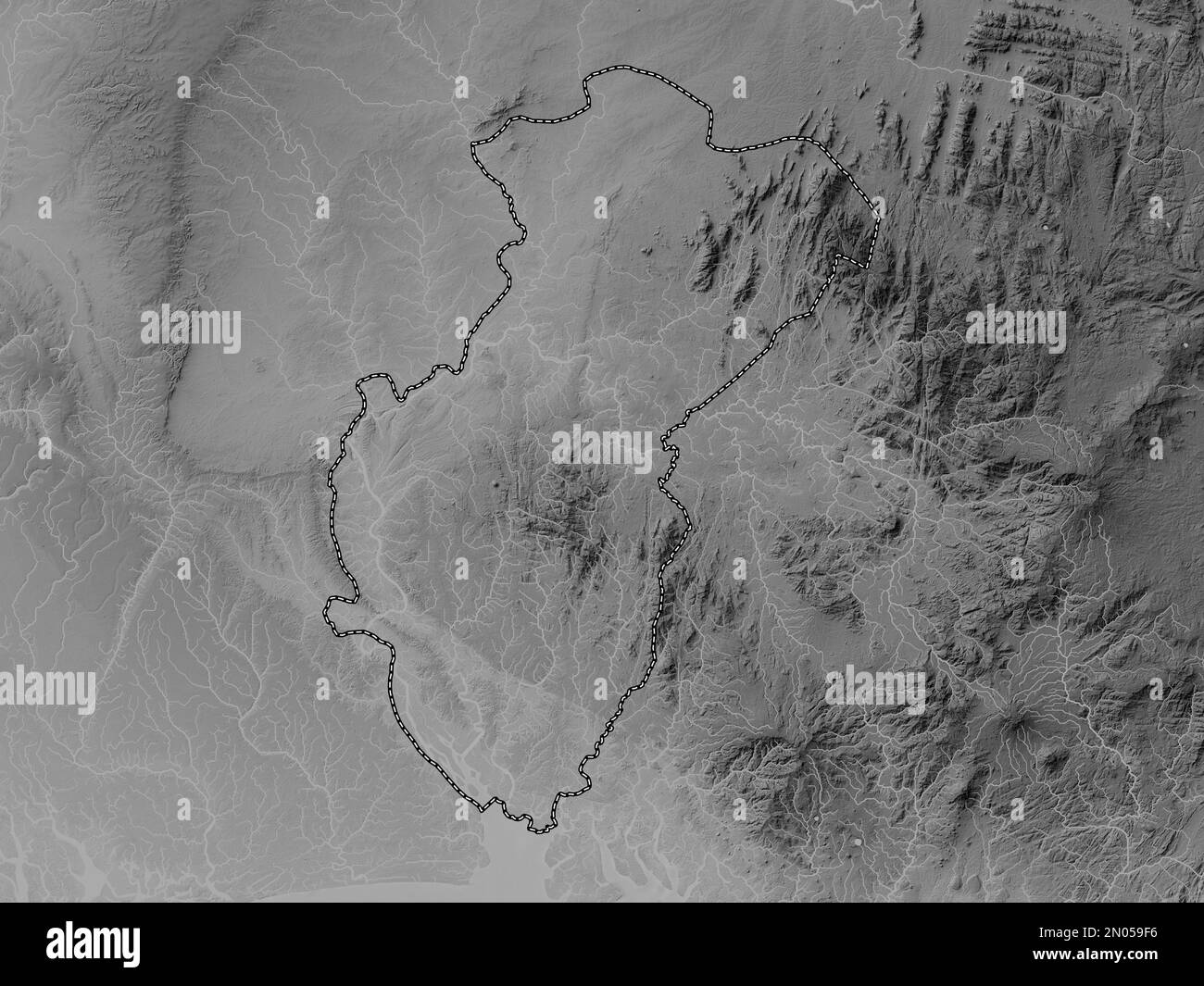 Cross River, state of Nigeria. Grayscale elevation map with lakes and ...