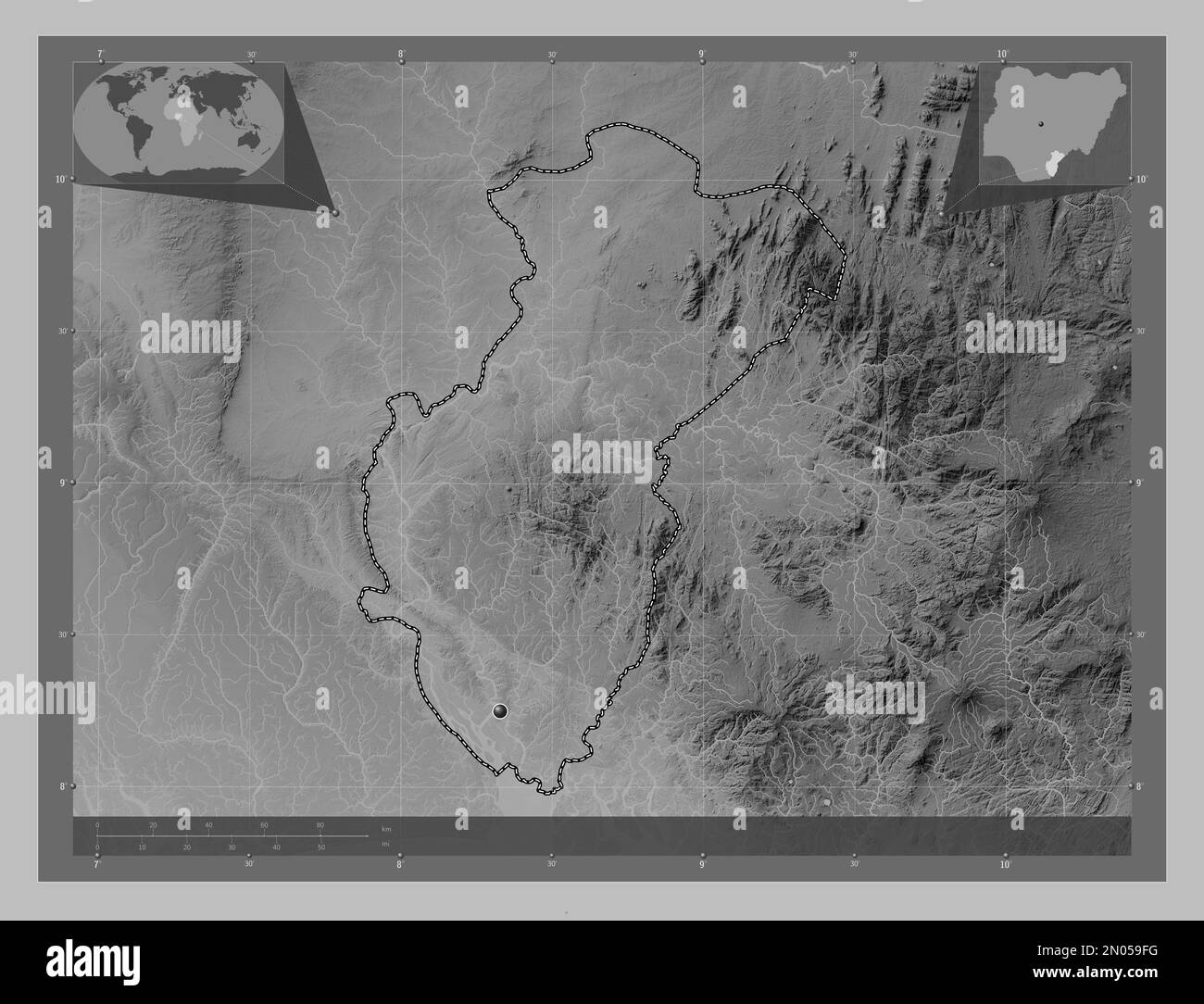 Cross River, state of Nigeria. Grayscale elevation map with lakes and ...