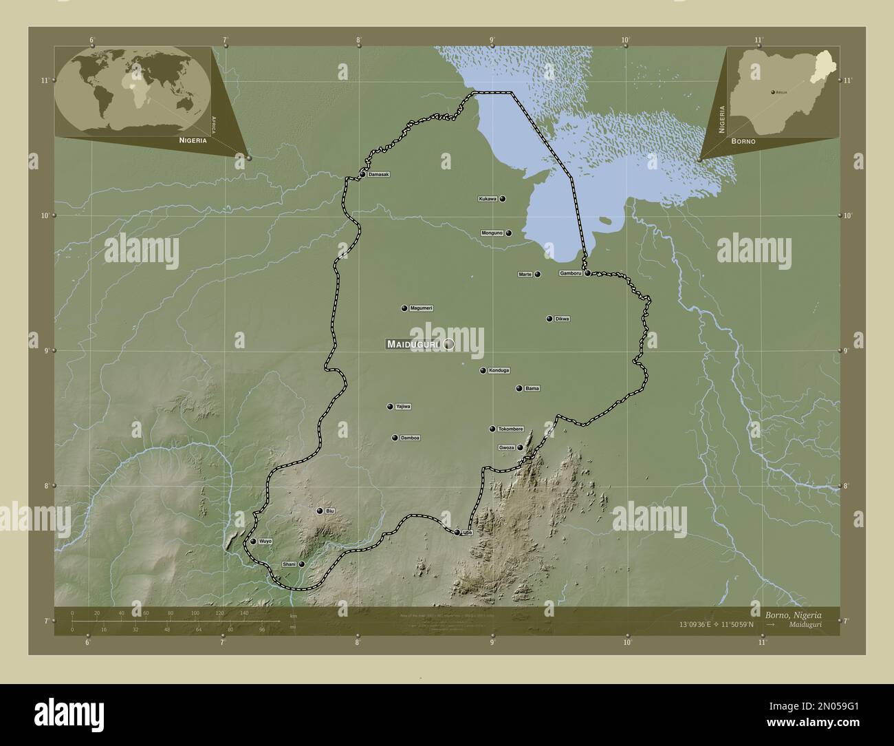 Borno, state of Nigeria. Elevation map colored in wiki style with lakes ...