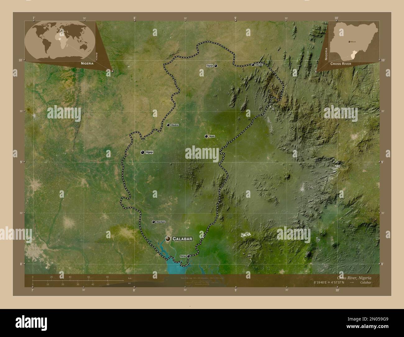 Cross River, state of Nigeria. Low resolution satellite map. Locations ...