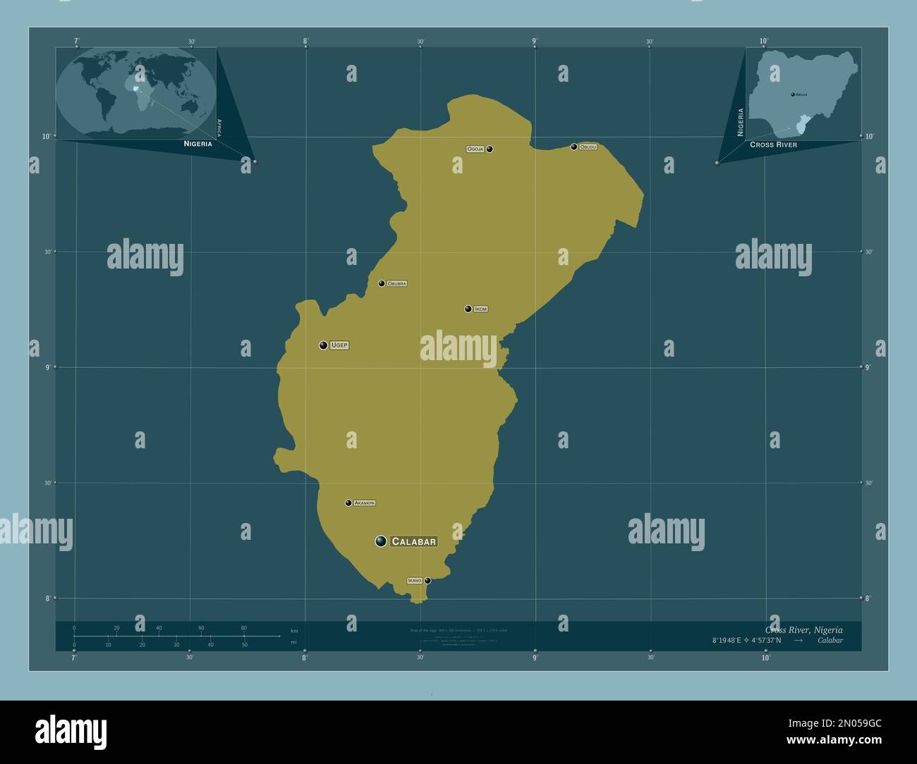 Cross River, state of Nigeria. Solid color shape. Locations and names ...