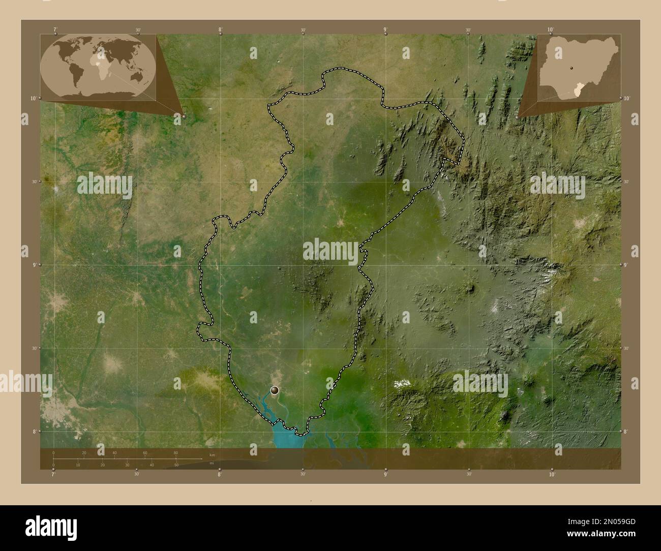 Cross River, state of Nigeria. Low resolution satellite map. Corner ...
