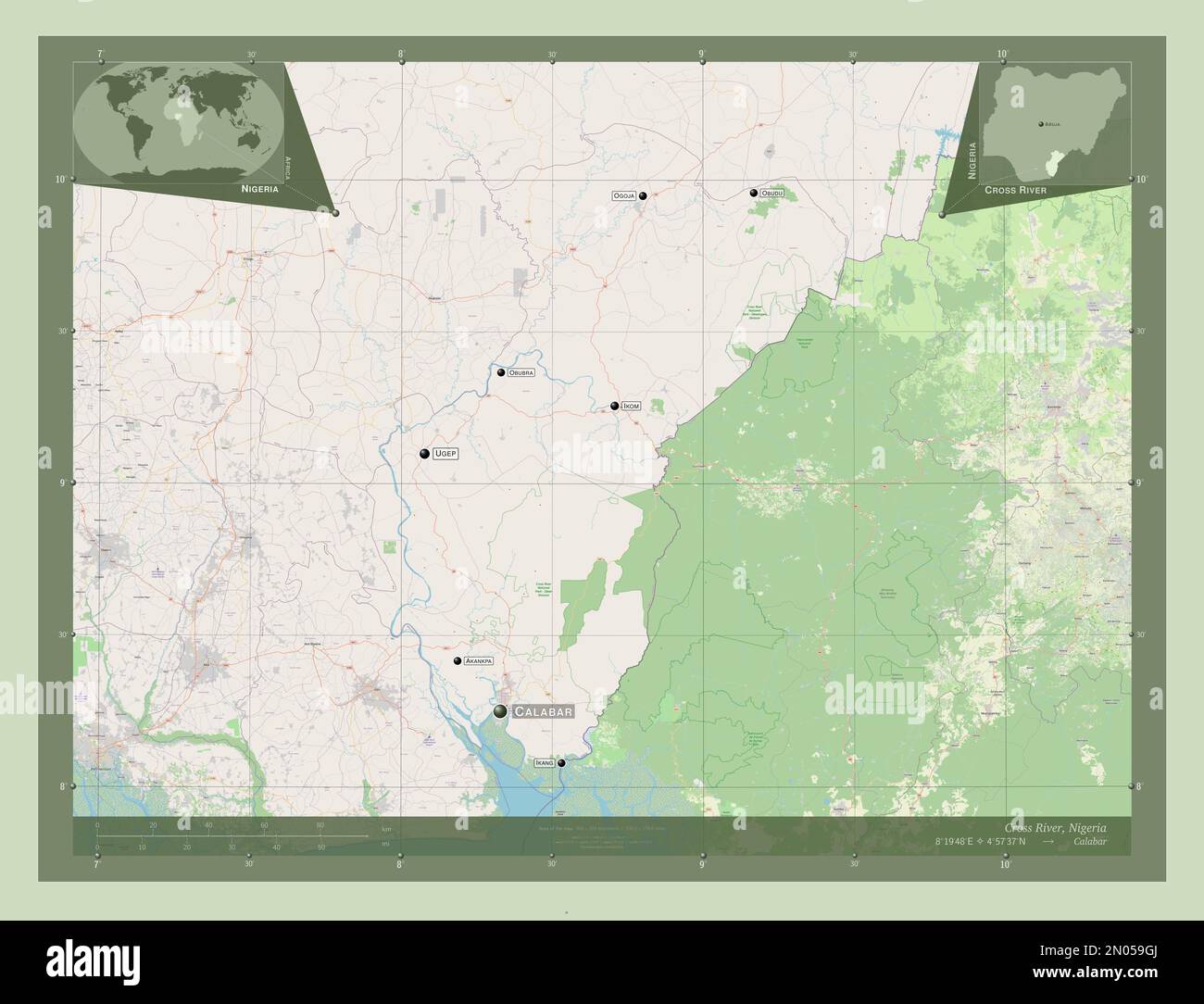 Cross River, state of Nigeria. Open Street Map. Locations and names of ...