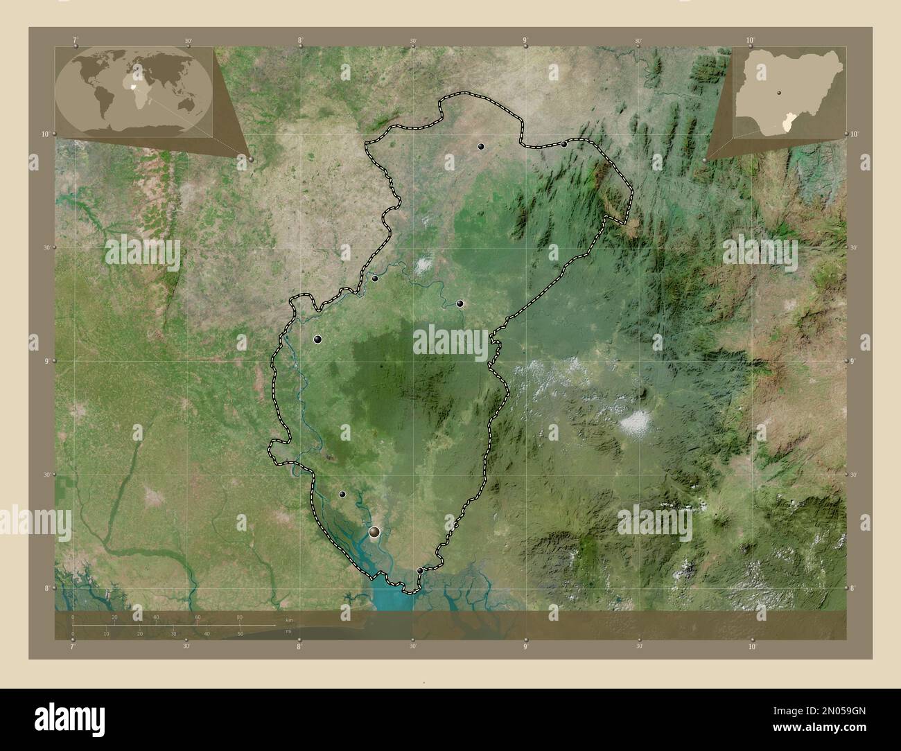 Cross River, state of Nigeria. High resolution satellite map. Locations ...