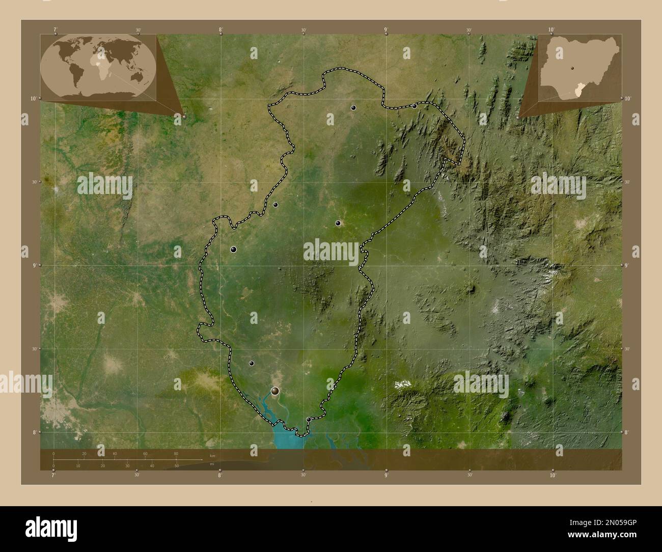 Cross River, state of Nigeria. Low resolution satellite map. Locations ...