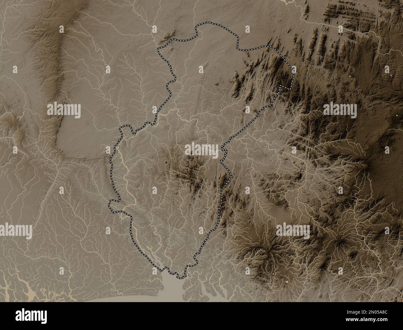 Cross River, state of Nigeria. Elevation map colored in sepia tones ...
