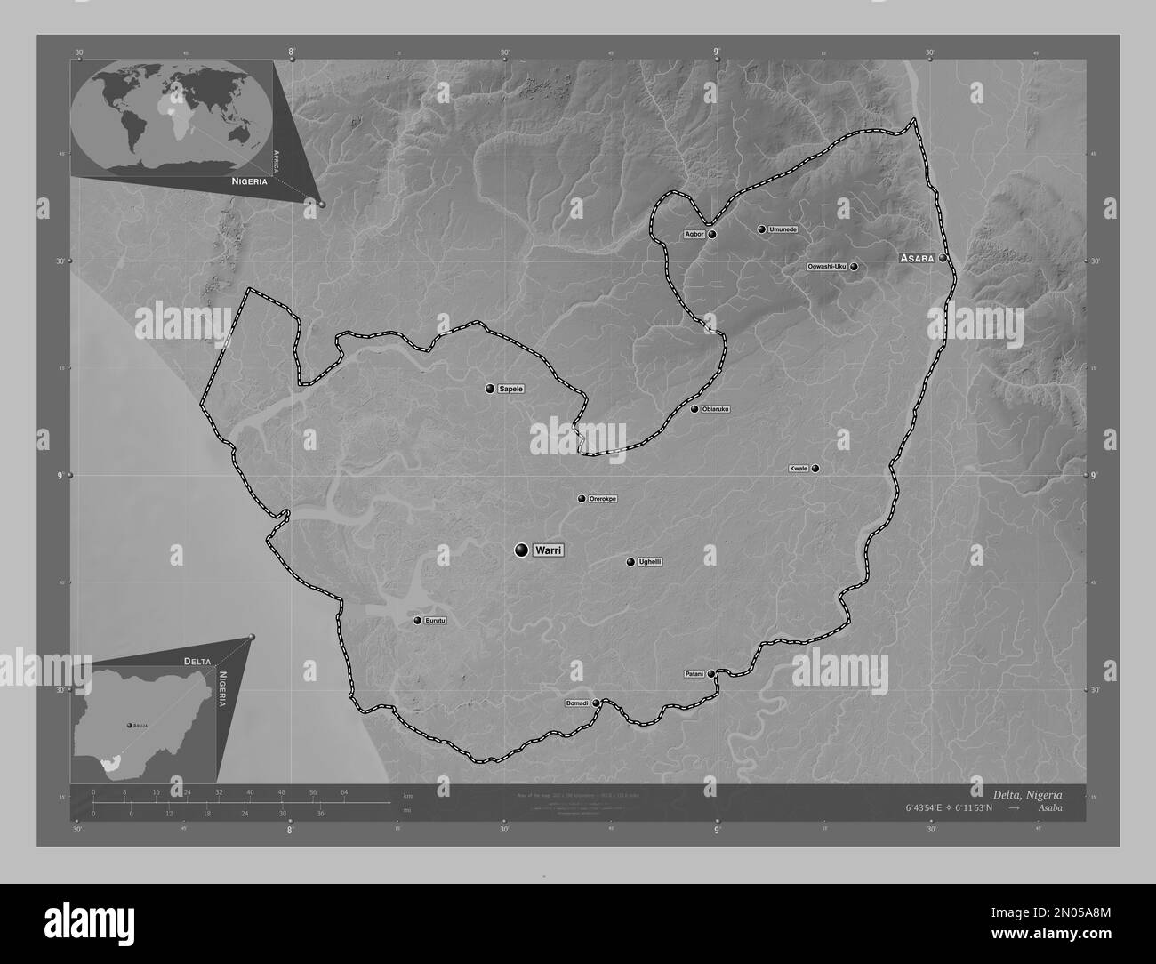 Delta, state of Nigeria. Grayscale elevation map with lakes and rivers ...