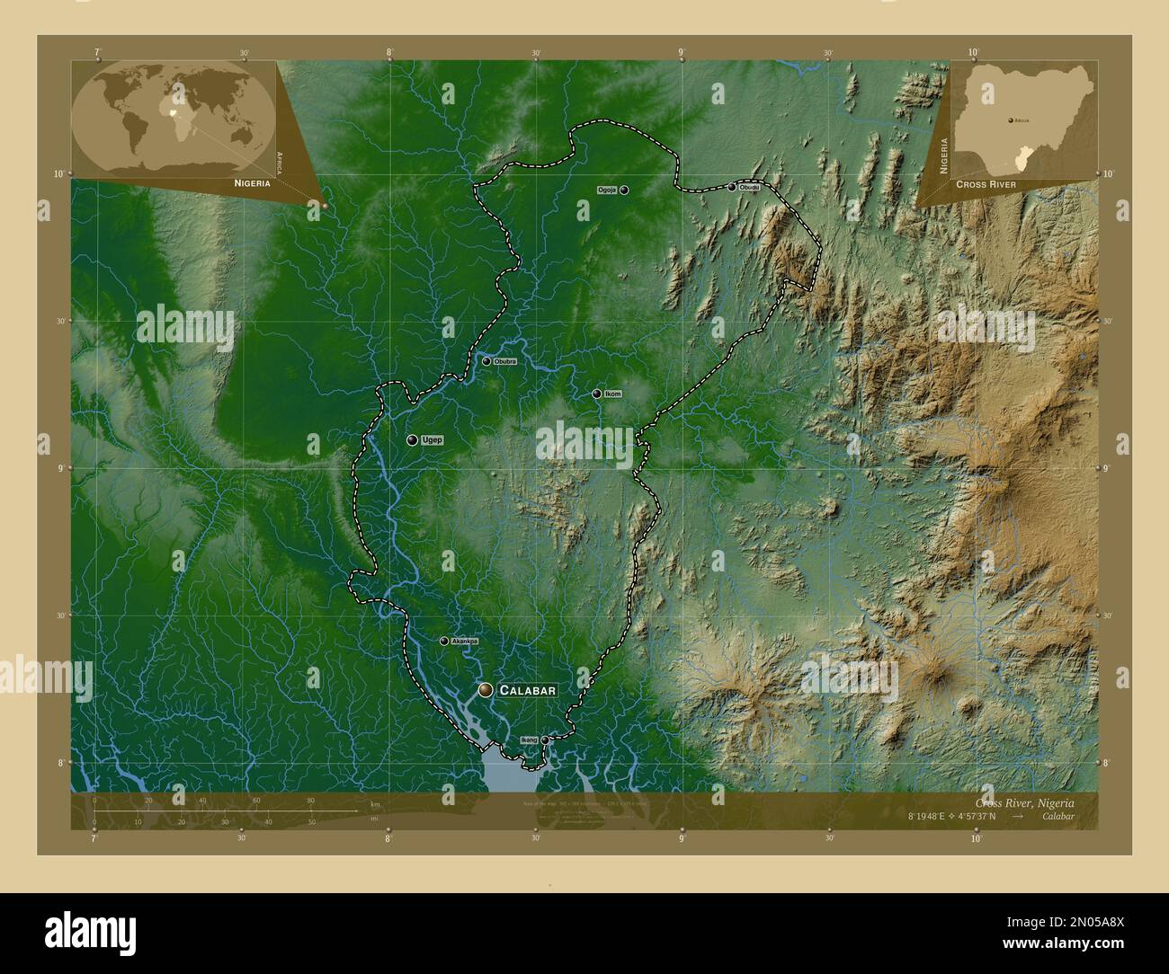 Cross River, state of Nigeria. Colored elevation map with lakes and ...