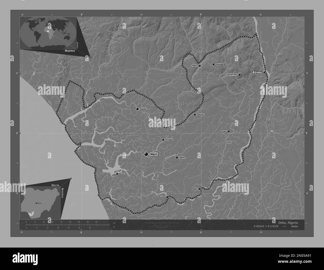 Delta, state of Nigeria. Bilevel elevation map with lakes and rivers ...