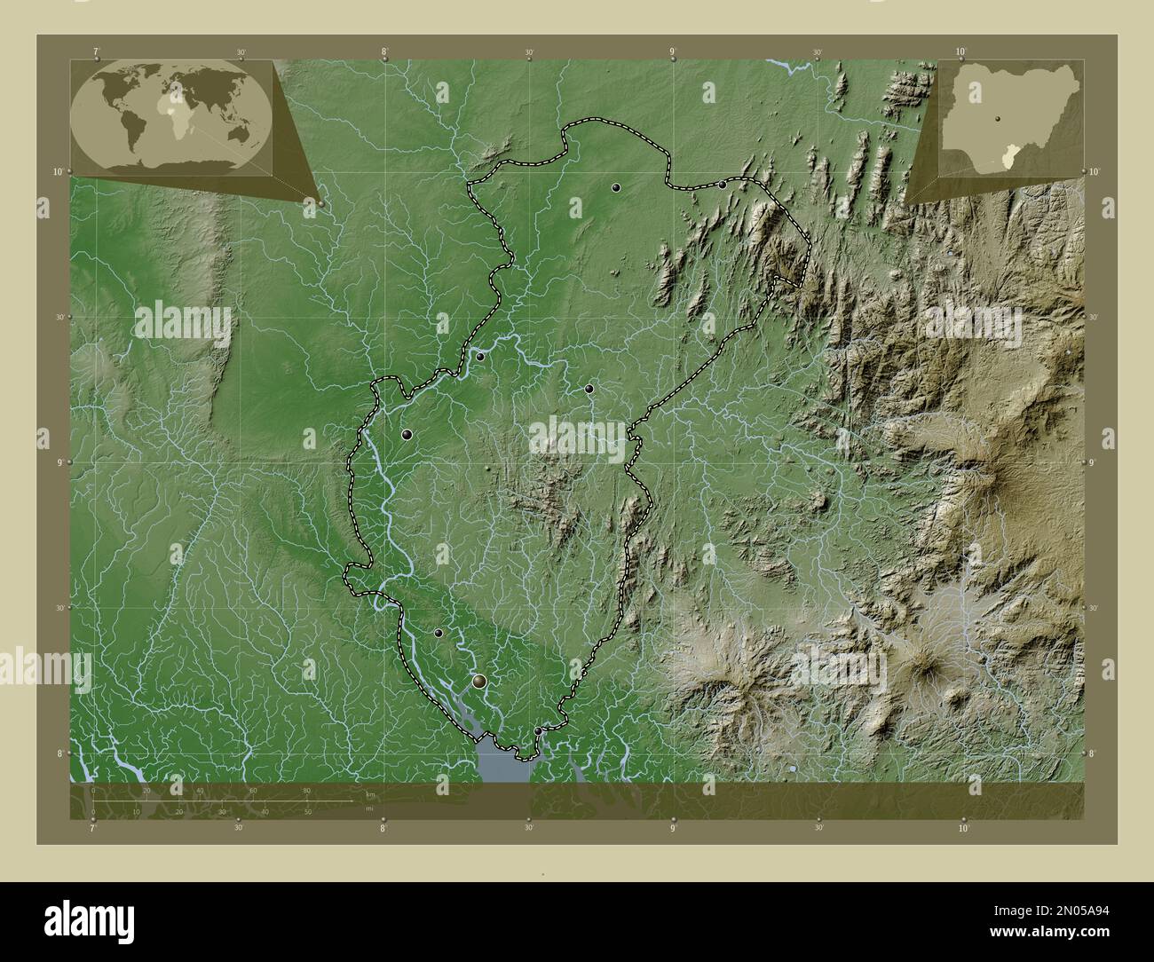 Cross River, state of Nigeria. Elevation map colored in wiki style with ...